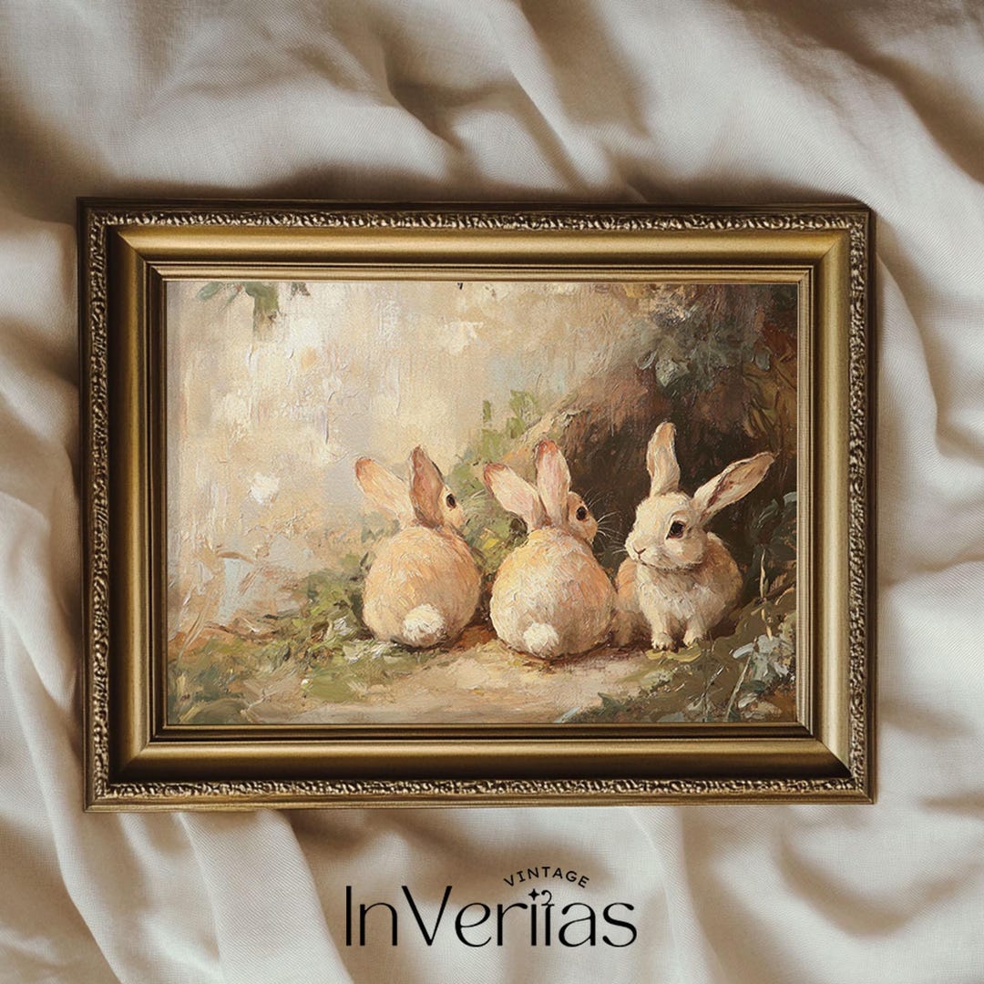 Cute Rabbits Print Vintage Bunnies Spring Wall Art | Cottage Easter and ...
