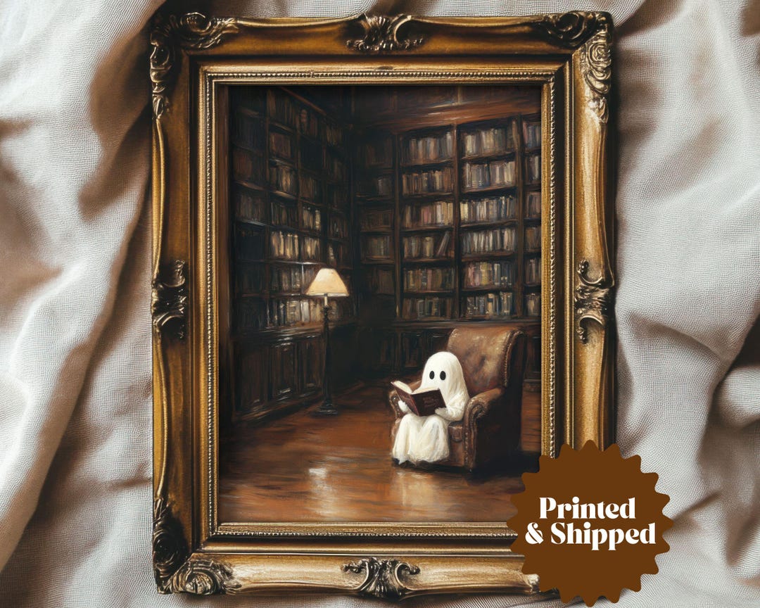 Little Ghost Reading in Library Print Halloween | Vintage Style Spooky ...