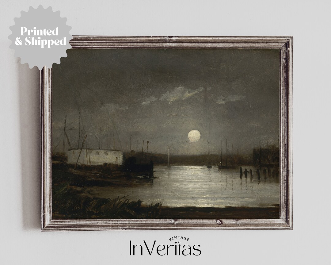 Moonlight at the Docks Vintage Painting | Moody Dark Decor | PRINTED ...