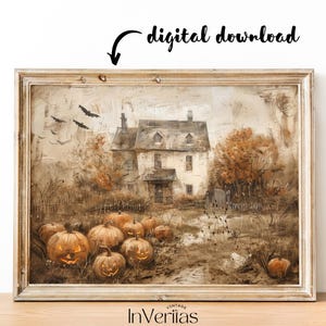 Halloween Farmhouse Spooky Pumpkin Patch Painting Vintage Wall Art ...