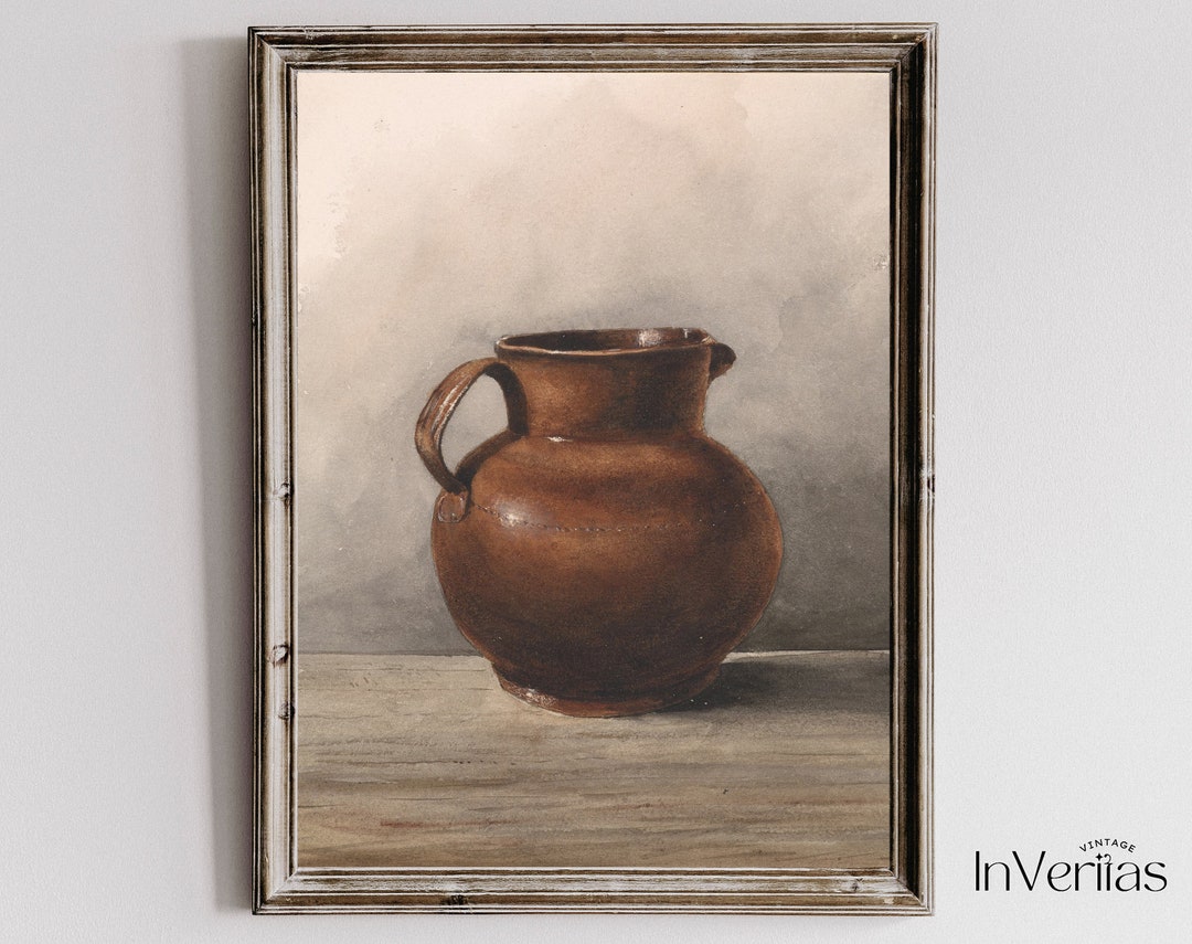 Brown Pottery Jug Vintage Still Life Painting | Moody Vintage Kitchen ...