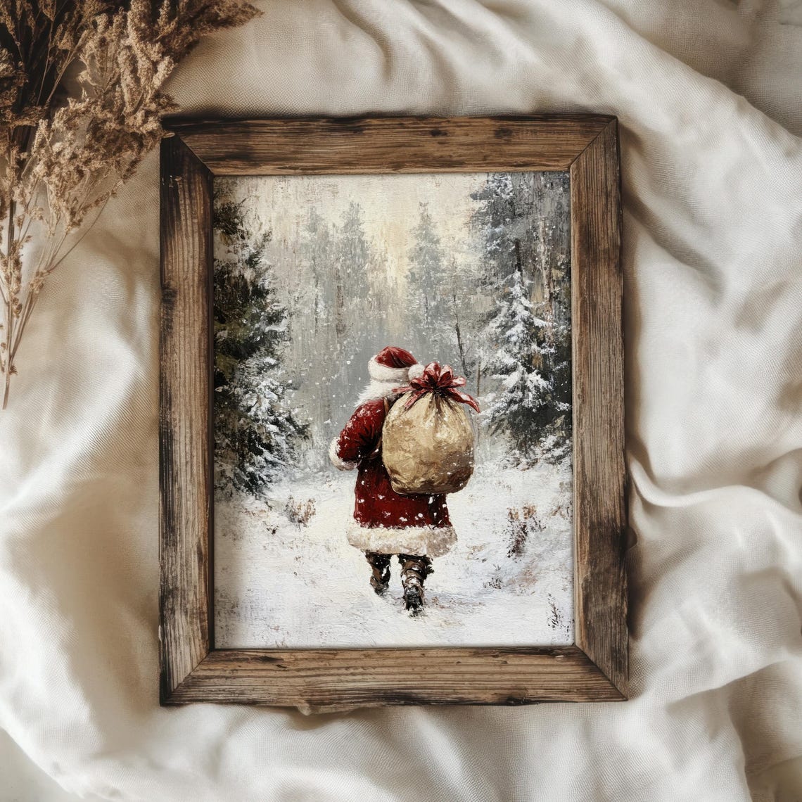 Santa Claus in Snowy Forest Print Vintage Style Painting | Country ...