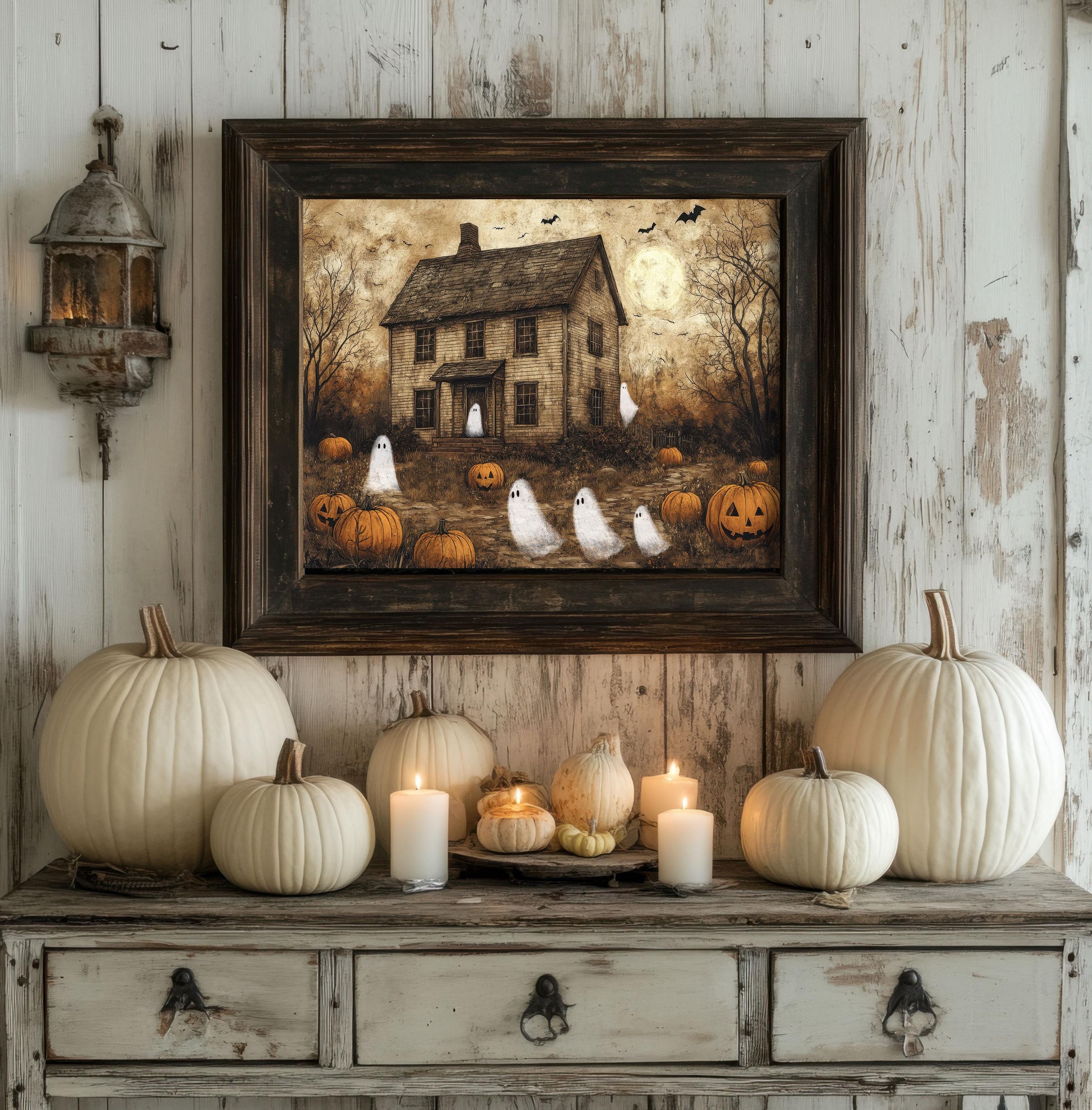 Ghost Gathering at Haunted Halloween Farmhouse Print | Rustic Vintage ...