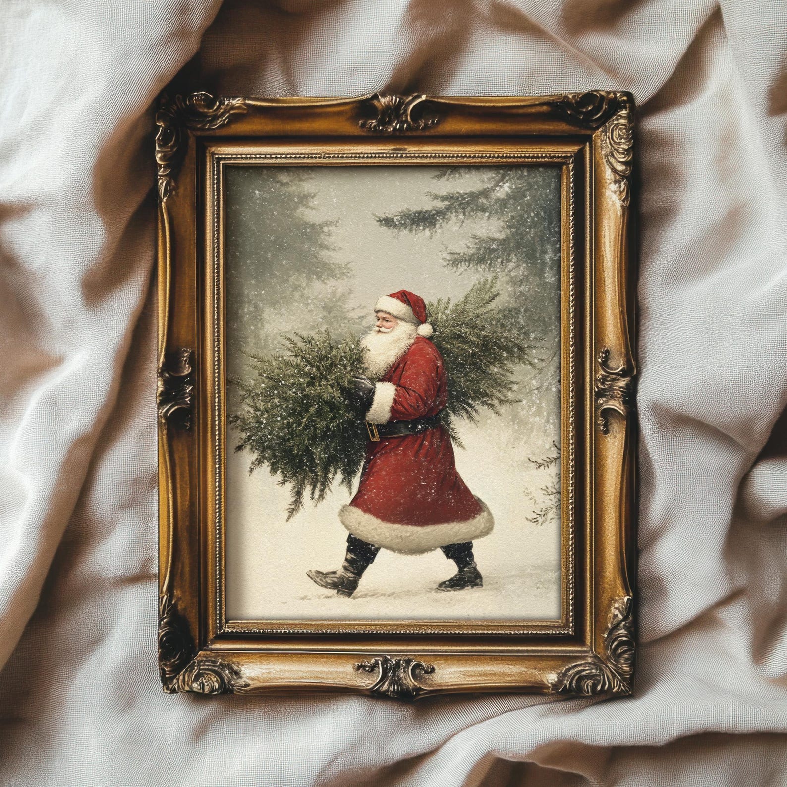 Santa Claus Christmas Tree Print Nostalgic | Cozy Cottage Christmas ...