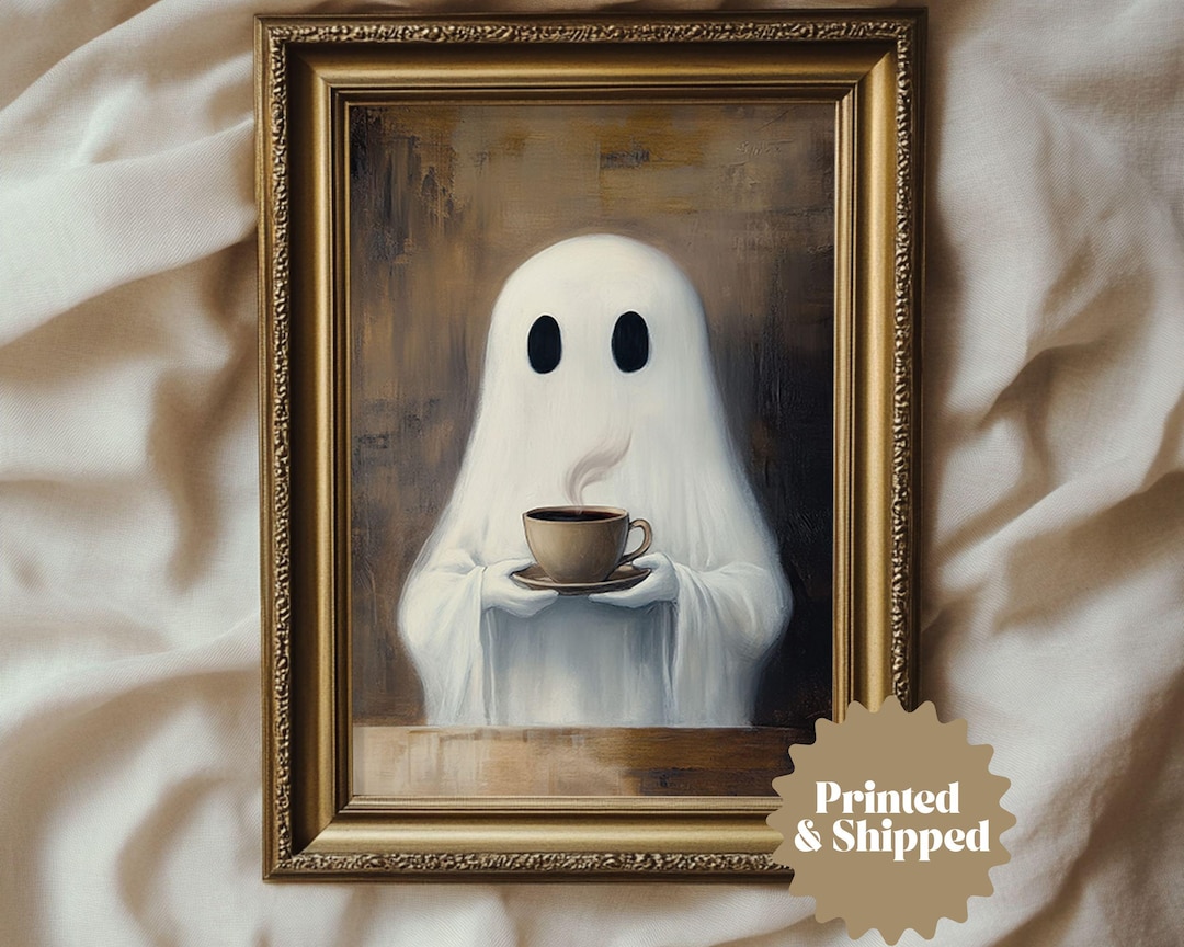 Little Ghost and Coffee Vintage Style Halloween Print | Country Cottage ...