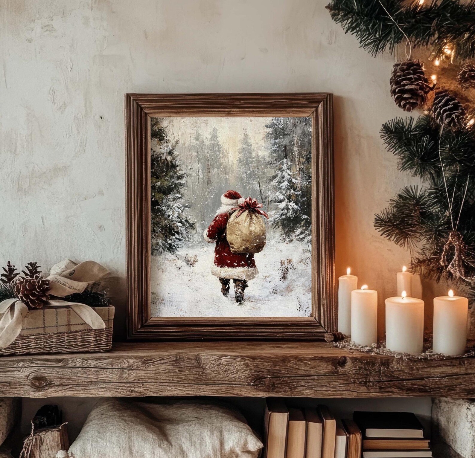 Santa Claus in Snowy Forest Print Vintage Style Painting | Country ...
