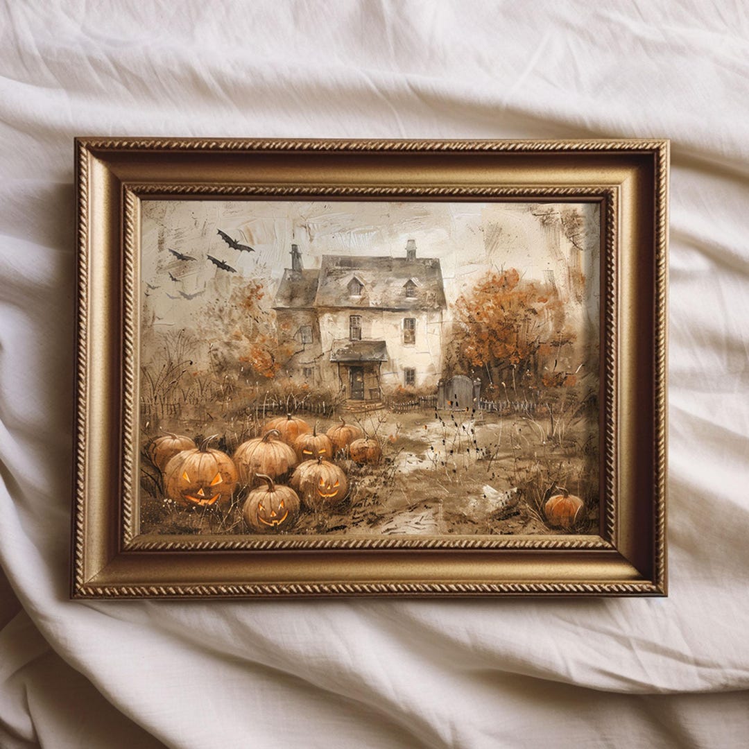 Halloween Farmhouse Spooky Pumpkin Patch Painting Vintage Wall Art ...