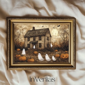 Ghost Gathering at Haunted Halloween Farmhouse Print | Rustic Vintage ...