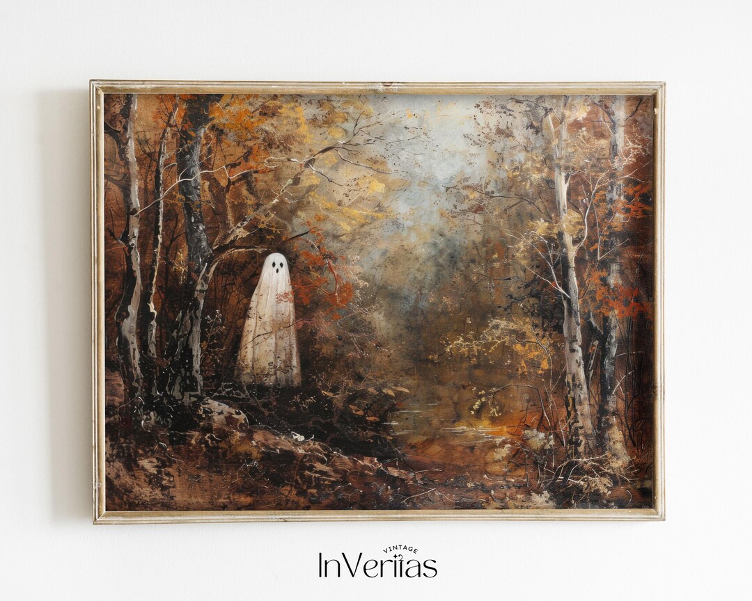 Spooky Ghost Hides in Haunted Autumn Forest Painting Vintage Style Wall ...