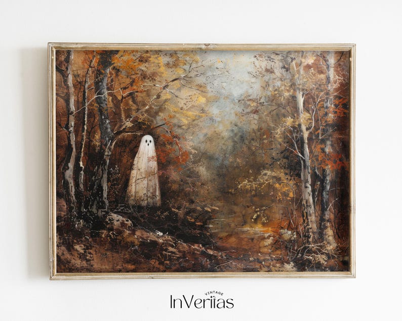 Spooky Ghost Hides in Haunted Autumn Forest Painting Vintage Style Wall ...