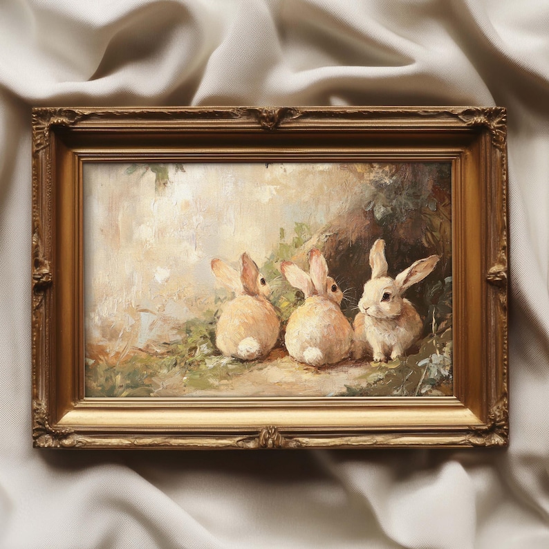 Cute Rabbits Print Vintage Bunnies Spring Wall Art | Cottage Easter and ...