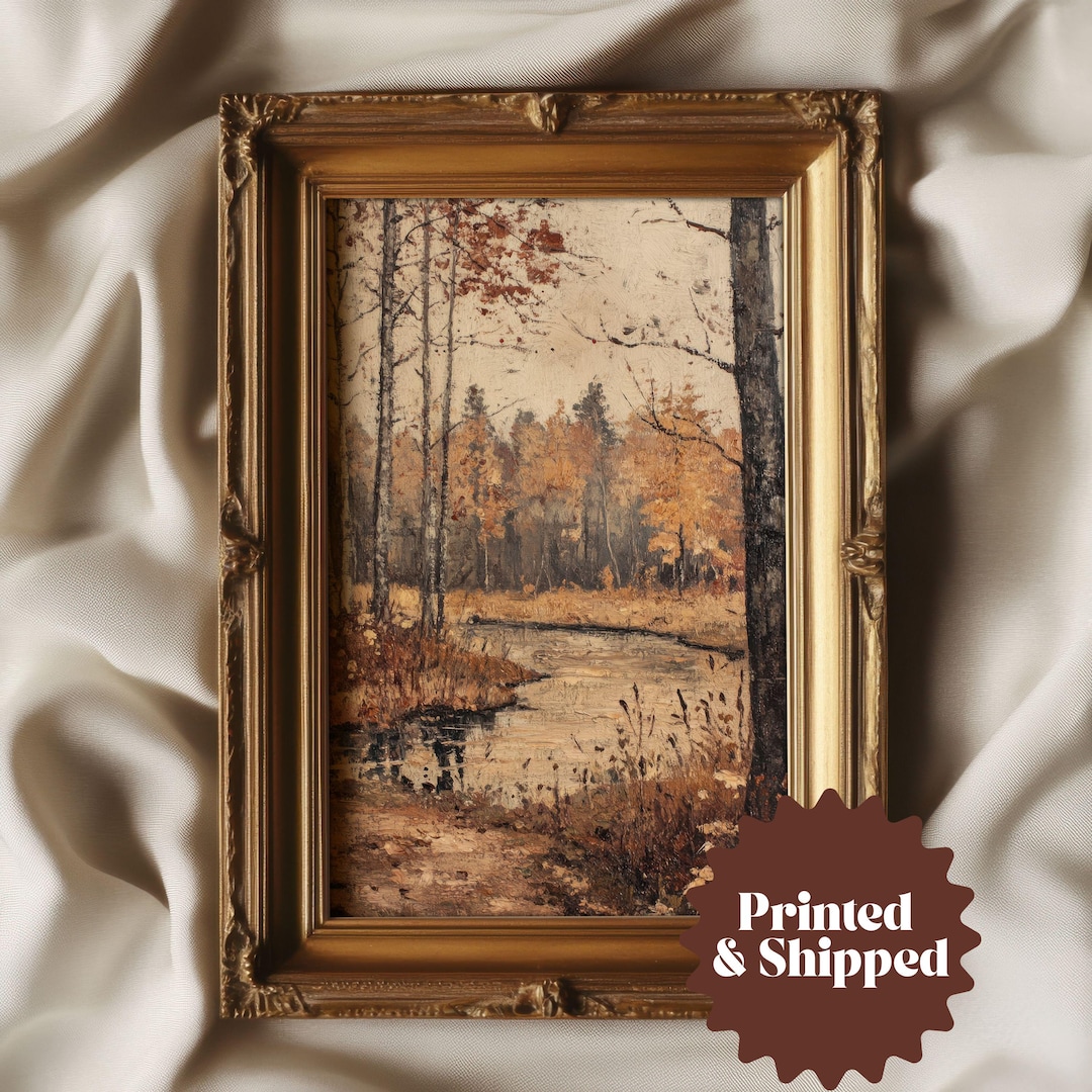 Muted Fall River Vintage Style Painting | Warm Tone Cottage Fall Decor ...