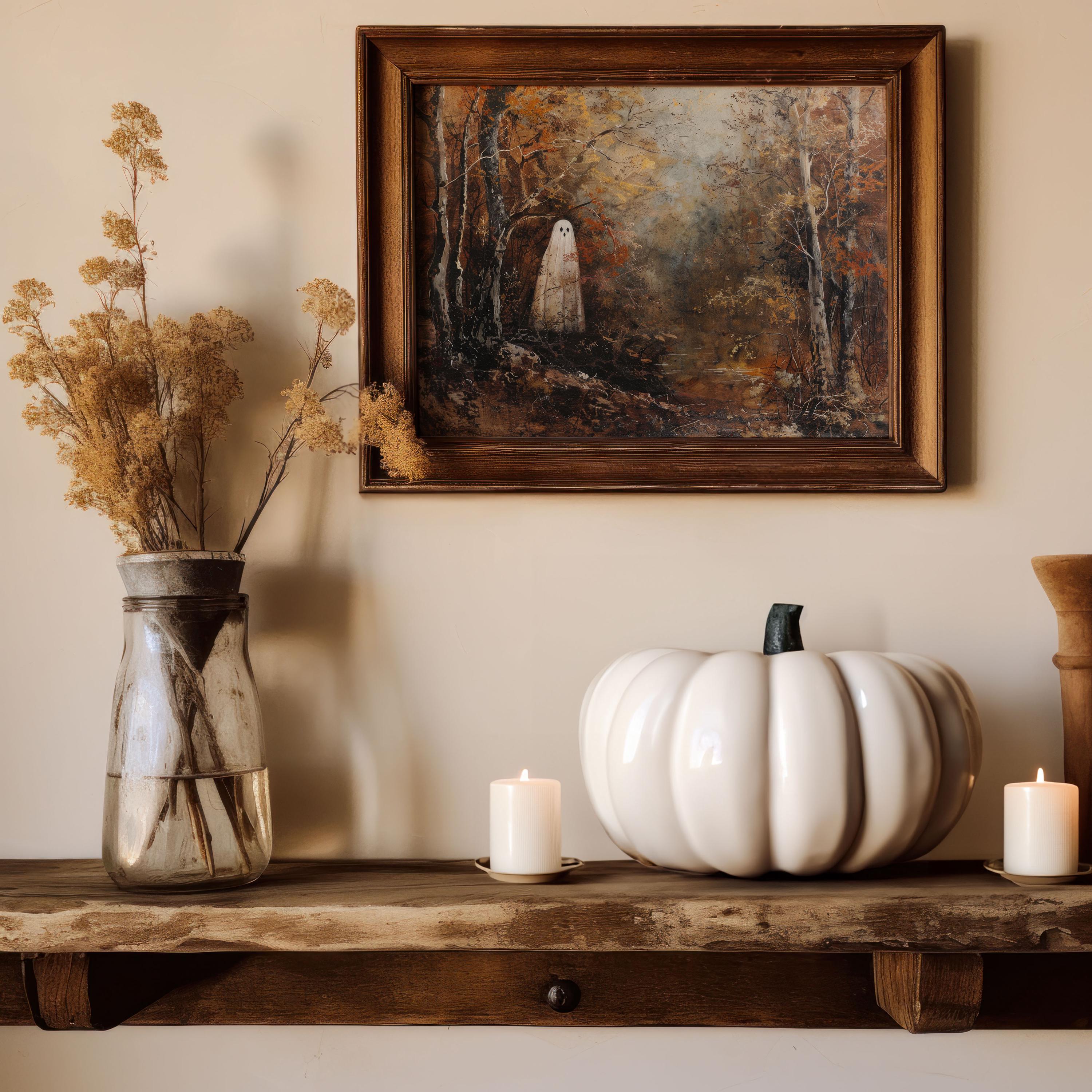 Spooky Ghost Hides in Haunted Autumn Forest Painting Vintage Style Wall ...