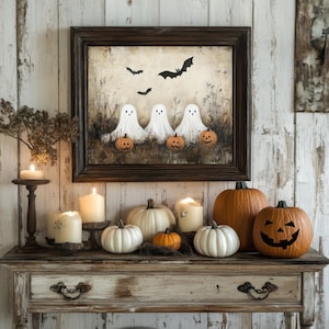Rustic Country Ghost Print Ghosts Pumpkins Bats Vintage Style Wall Art ...