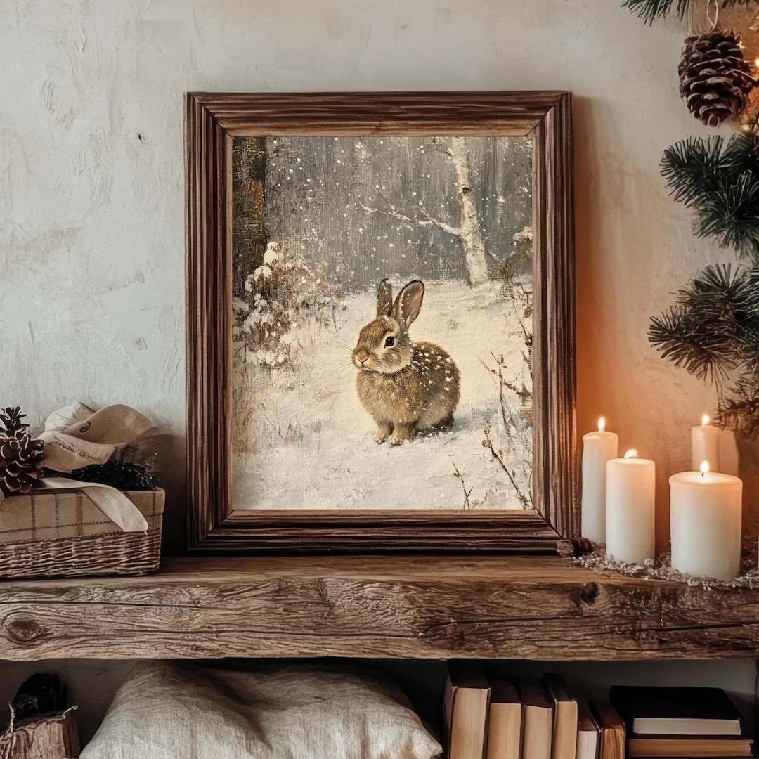 Muted Winter Rabbit Wall Art Print Vintage Style Painting | Cozy ...