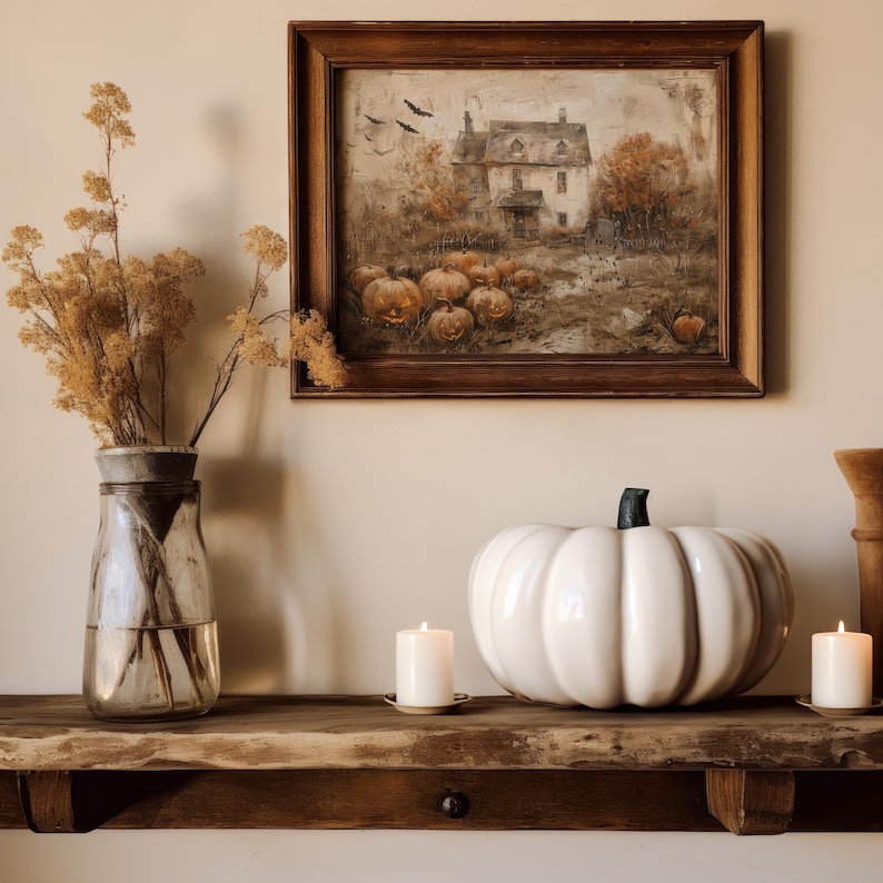 Halloween Farmhouse Spooky Pumpkin Patch Painting Vintage Wall Art ...