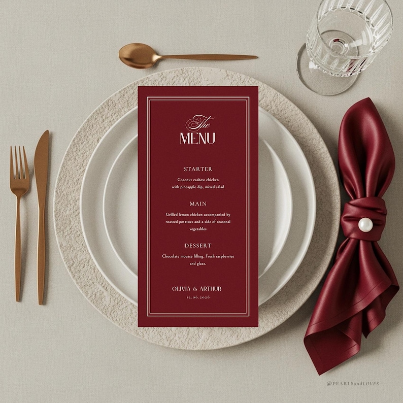 Burgundy Wedding Menu Template: 4x8, 4x9 Sizes, Edit and Print Canva ...