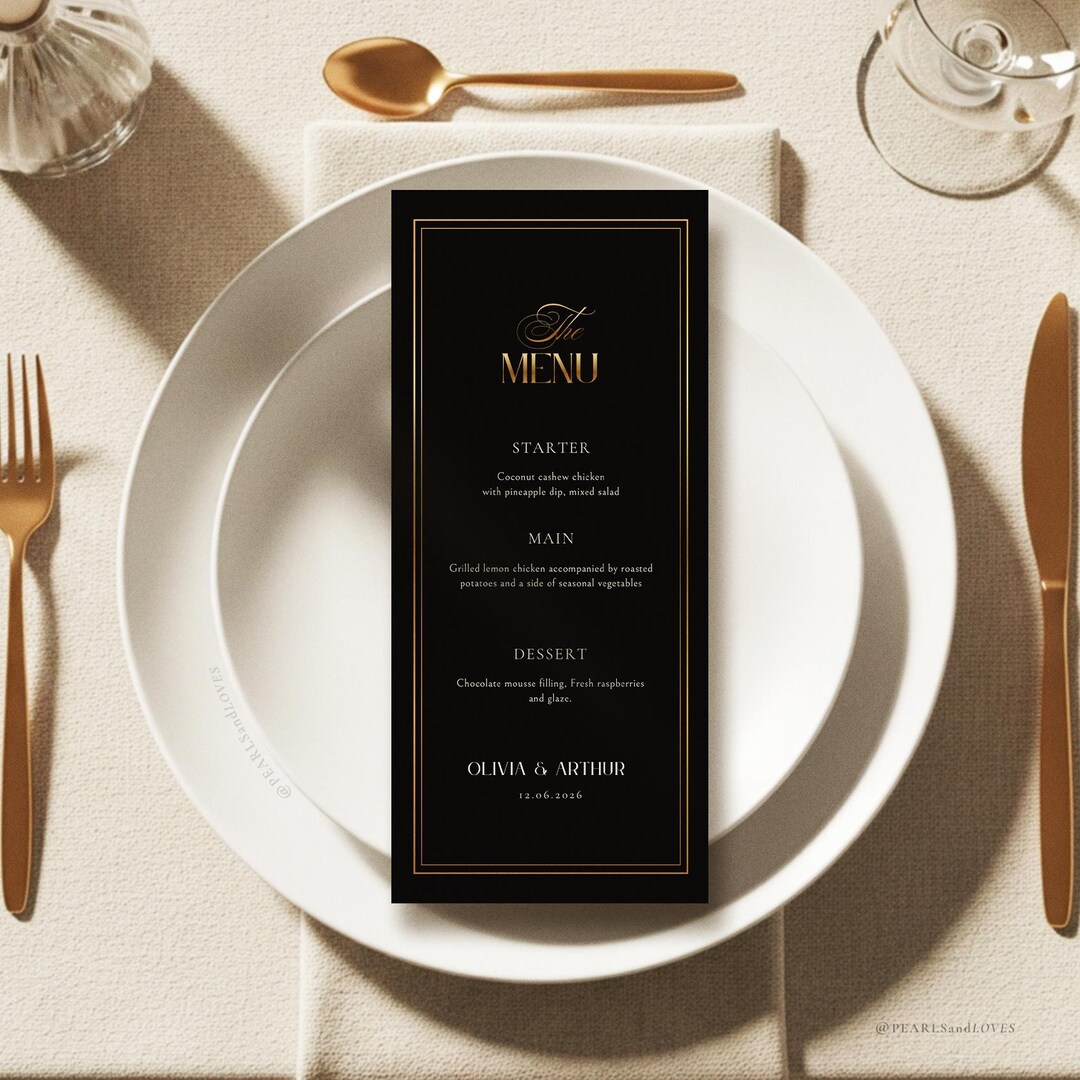 Luxury Black Wedding Menu: 4x8, 4x9 Sizes, Edit and Print Canva ...