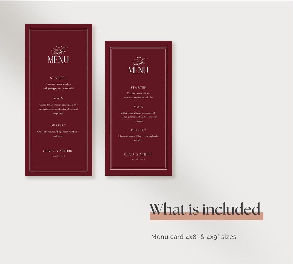 Burgundy Wedding Menu Template: 4x8, 4x9 Sizes, Edit and Print Canva ...