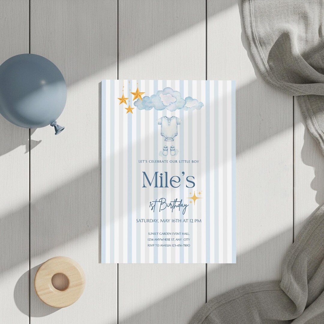 Blue Baby 1st Birthday Invitation: Boy Baby Printable Invitation ...