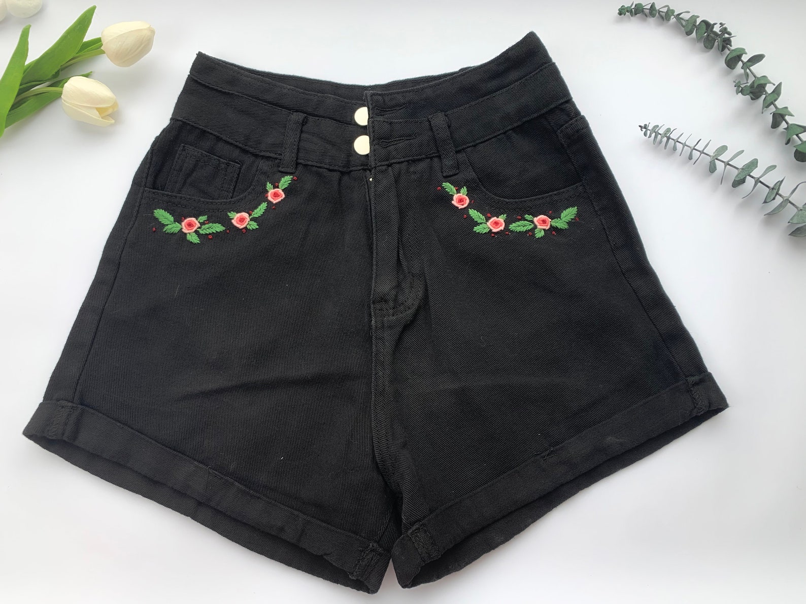 Embroidered Jeans/ Floral Embroidered Jean Shorts/ Embroidered - Etsy