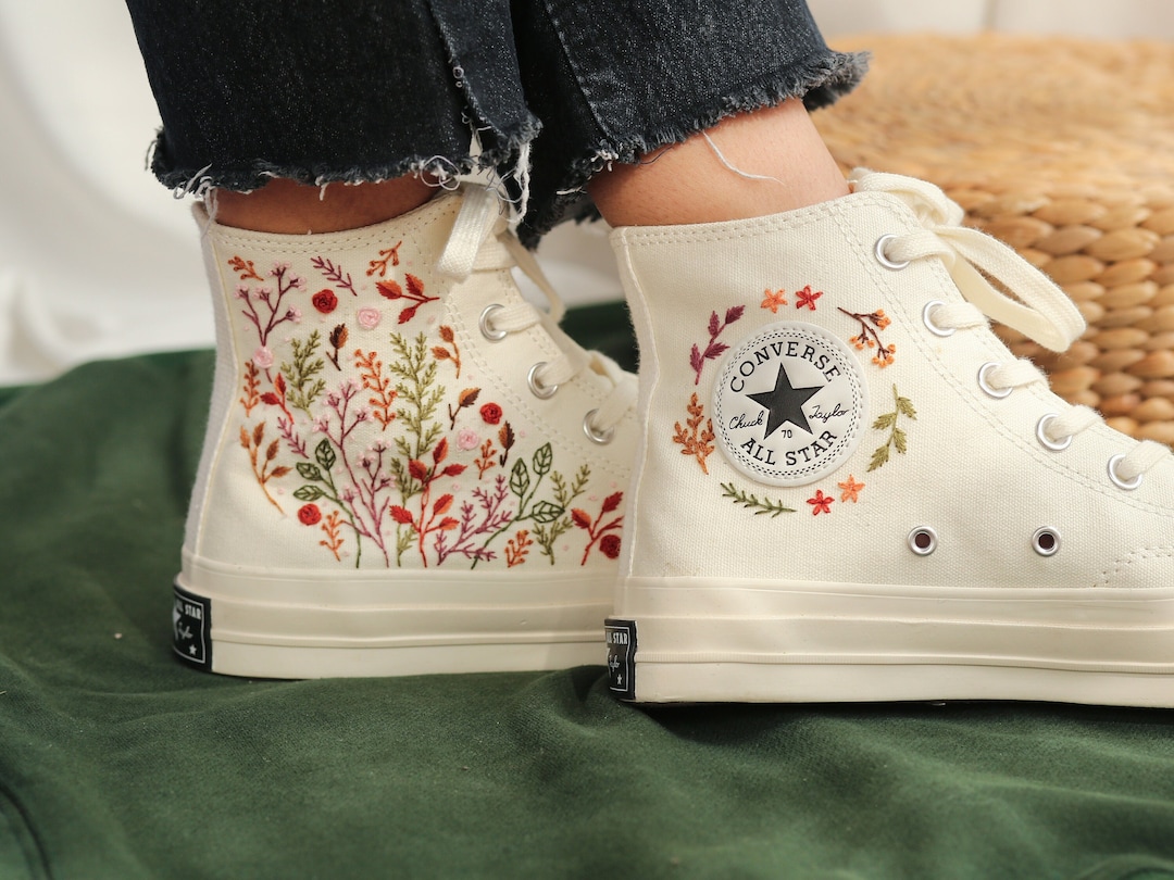 Custom Embroidered Converse High Tops, Flower and Colorful Leaves ...