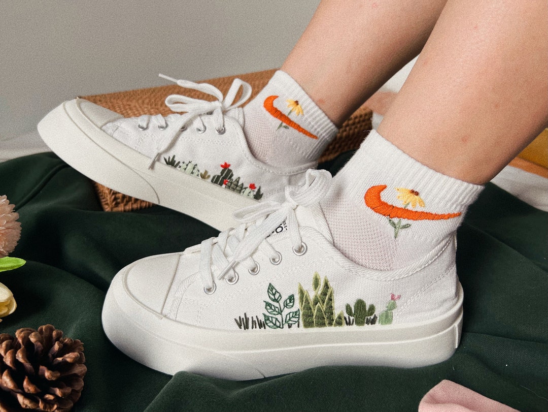 Custom Sneakers/embroidered Flower Shoes/ Custom Plant and Leaf Shoes ...