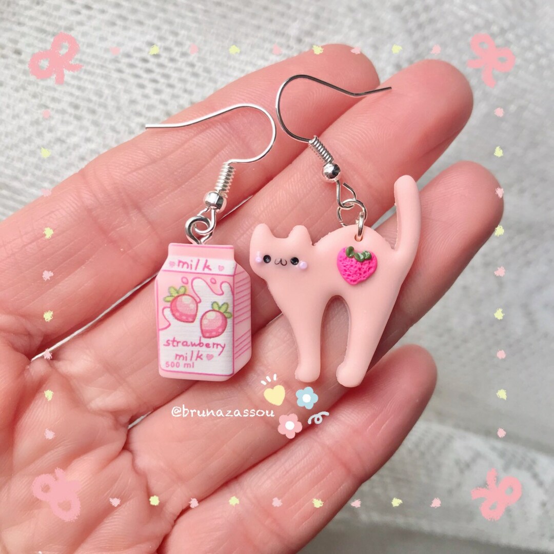 Cat and Strawberry Milk Earrings Cute Fimo Polymer Clay - Etsy