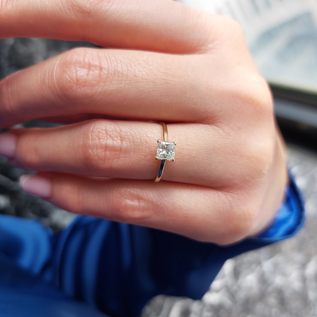 Dainty Princess Cut Engagement Ring in 14K Yellow Gold, Delicate Square ...