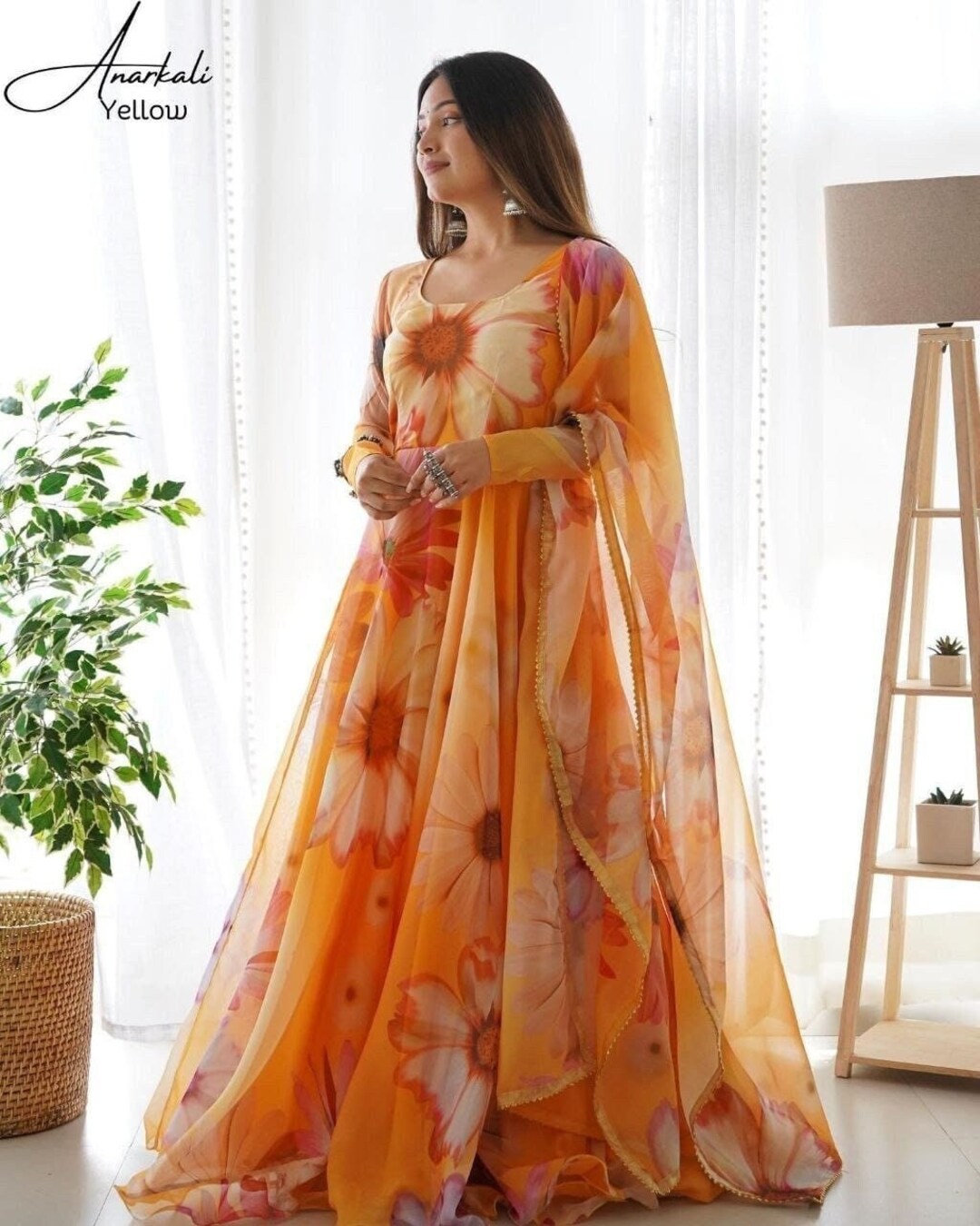 Floral Printed Full Length Anarkali Gown With Dupatta Set, Beautiful ...