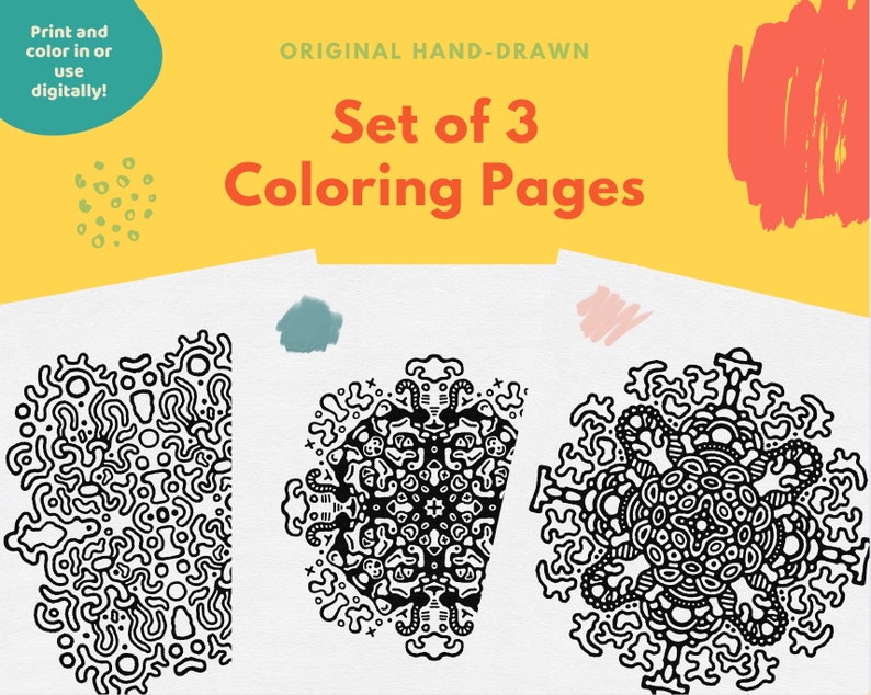 Abstract Printable Coloring Pages | Set of 3 Hand Drawn Printable ...