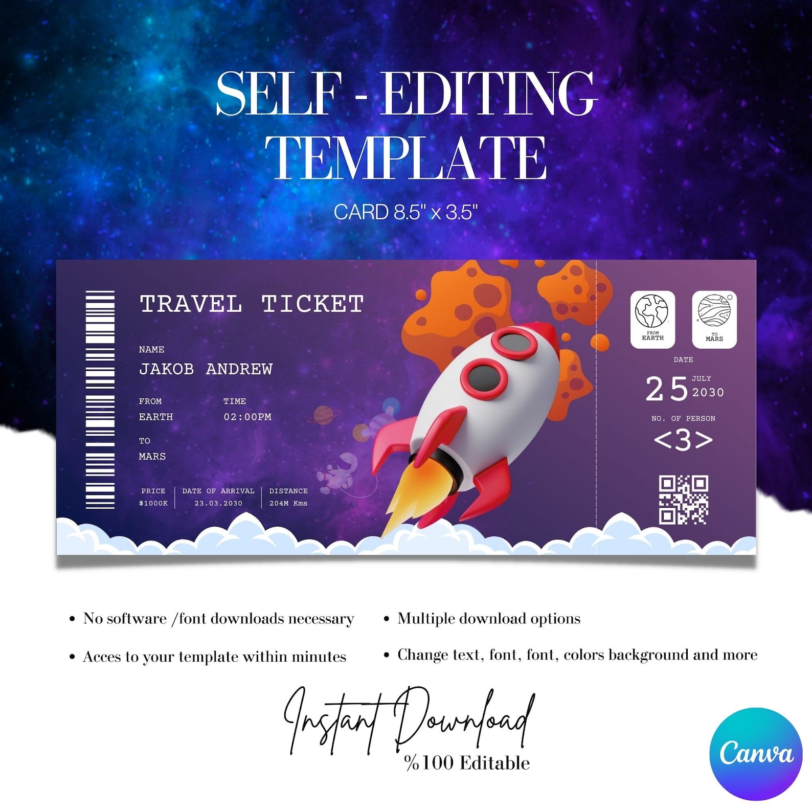 Editable Space Gift Card Template, Printable Birthday Astronaut Ticket ...