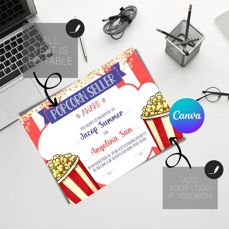Editable School Popcorn Sales Award Certificate, Cub Scout Popcorn ...