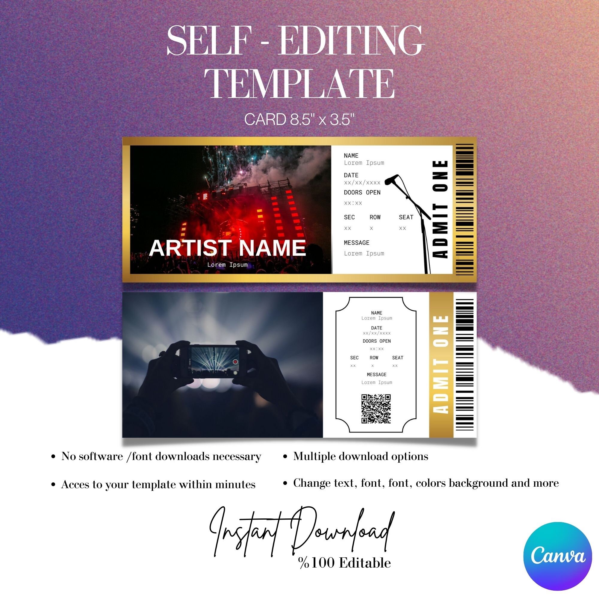 Editable Concert Ticket Template, Editable Concert Ticket, Printable ...