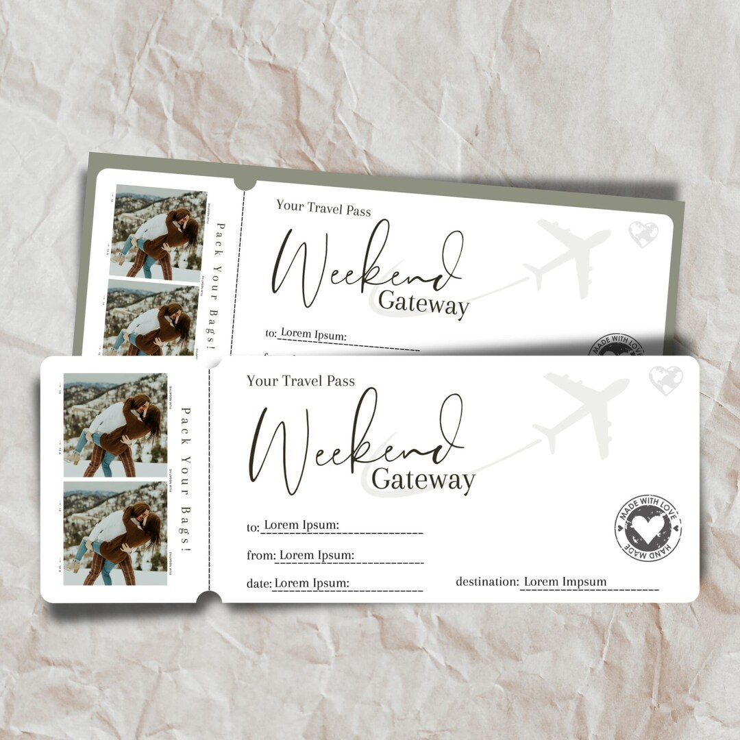 Weekend Getaway Voucher With Photo, Editable Travel Pass Ticket ...