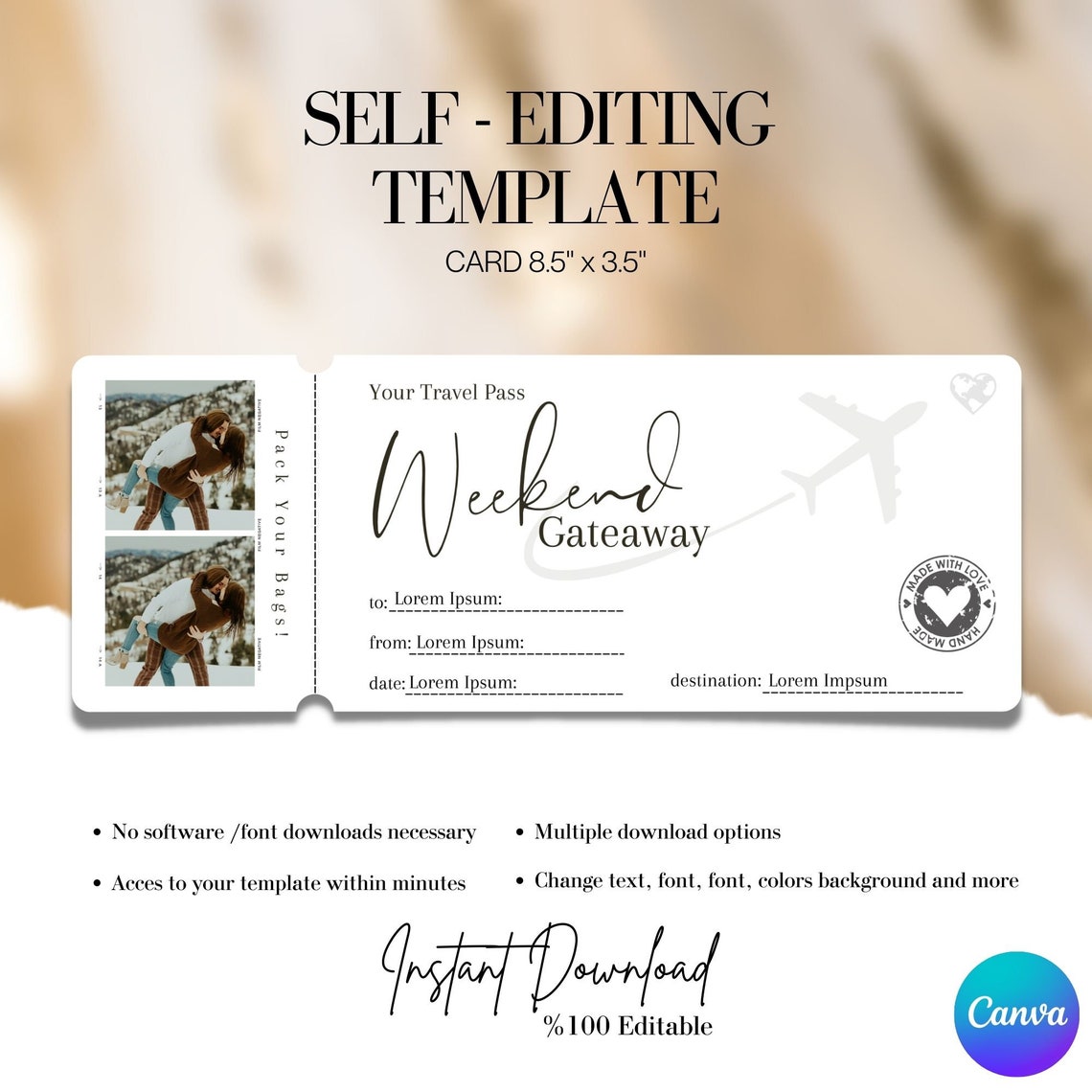 Weekend Getaway Voucher With Photo, Editable Travel Pass Ticket ...