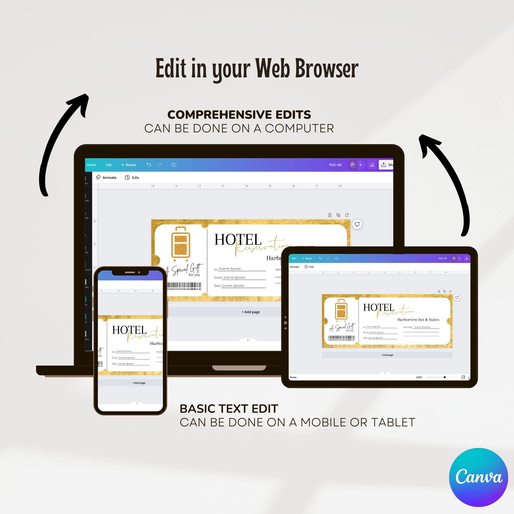 Editable Gold Hotel Reservation Voucher, Custom Travel Ticket ...