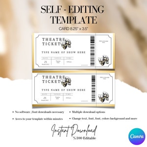 Editable Theatre Ticket Template, Custom Theatre Ticket Gift, Printable ...