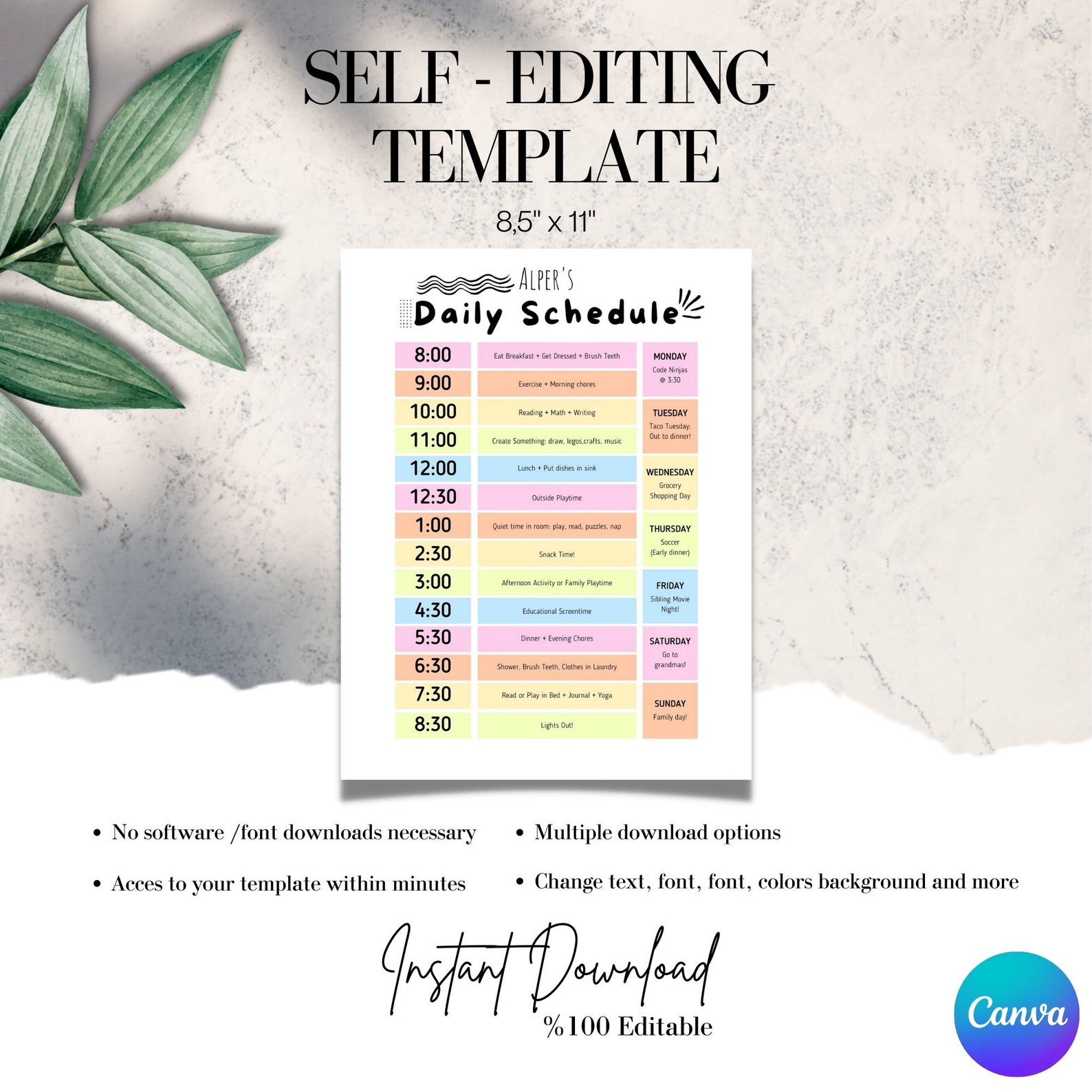 Editable Daily Schedule Template Daily Routine Kids Planner - Etsy