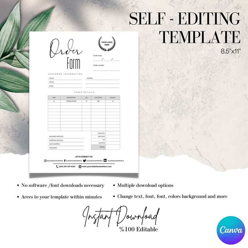 Editable Order Form Template Printable Purchase Order Form - Etsy