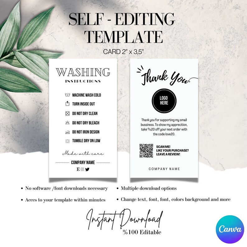 Custom Washing Care Card, Editable Washing Instructions Card, Clothing ...