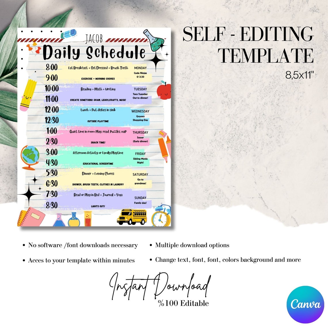 Editable Kids Daily Schedule Template: Homeschool Planner (PPT-60) - Etsy