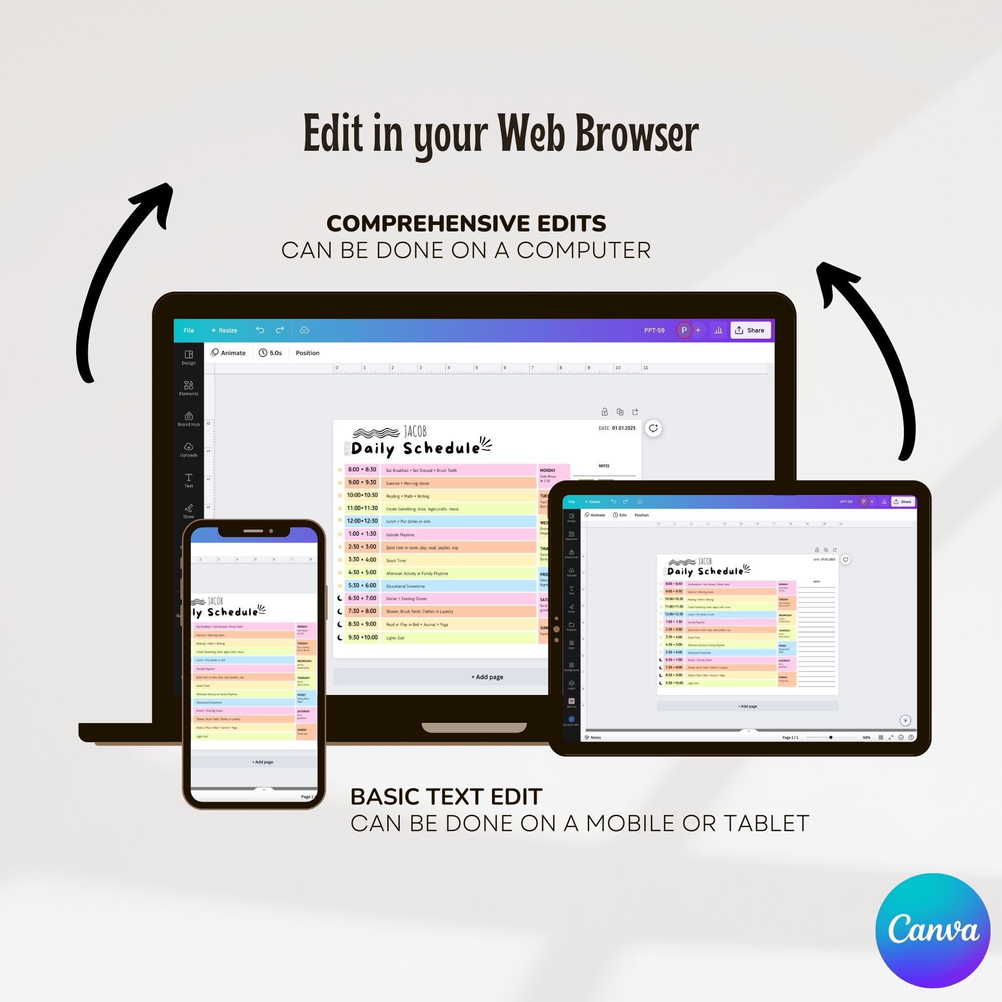 Editable Horizontal Daily Schedule Template, Daily Routine, Kids ...