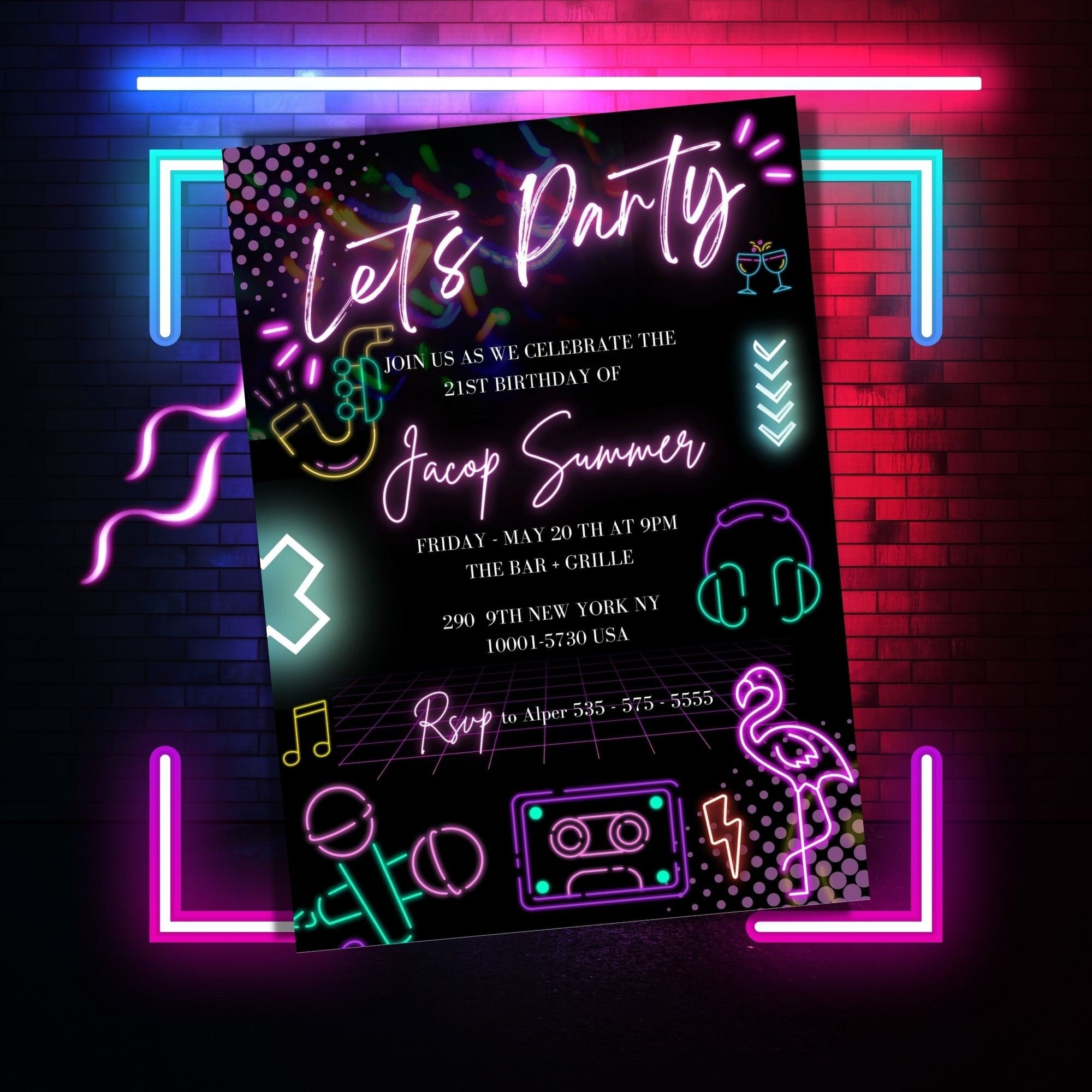 Neon Light Party Invitation, Editable Birthday Invite Template, Digital ...