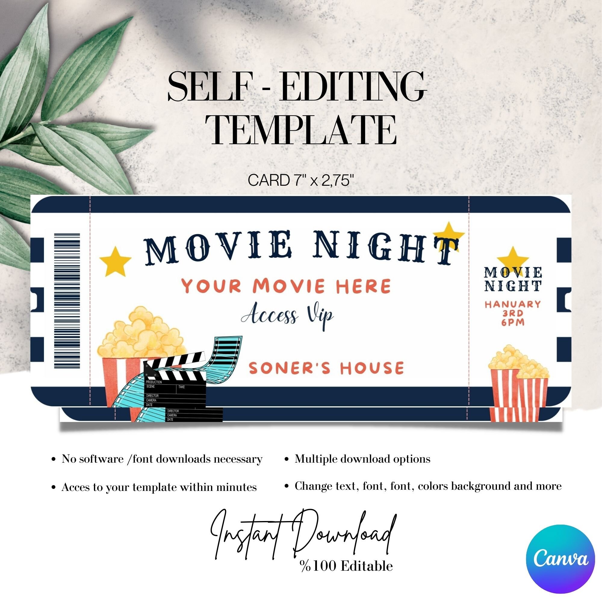 Movie Night Ticket, Editable Movie Ticket, Printable Movie Night, Movie ...