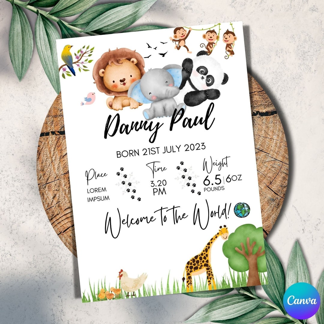 Editable New Baby Sign, Jungle New Baby Gift, Printable Birth ...