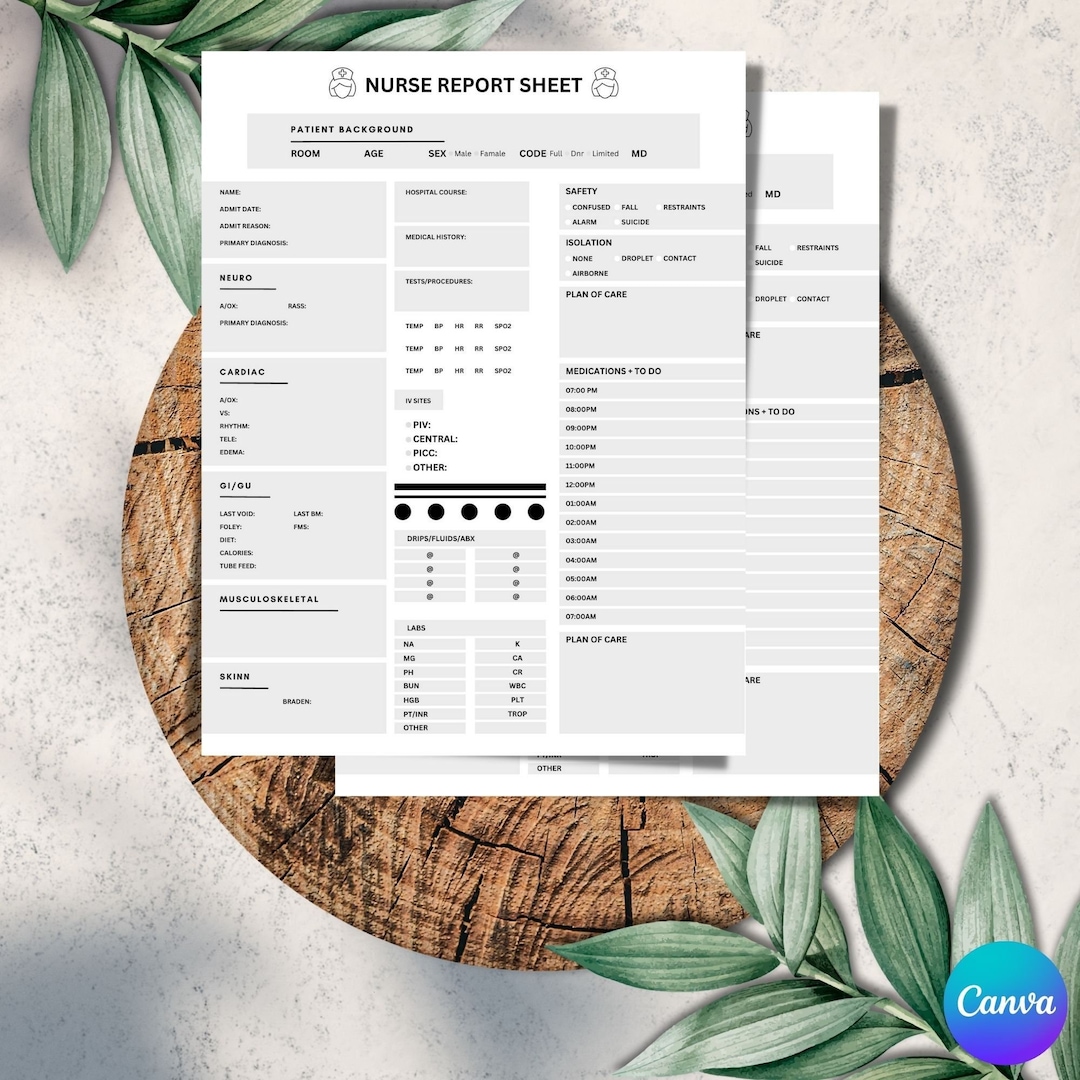 Editable Nurse Report Sheet, Printable Gray Nurse Report Sheet ...