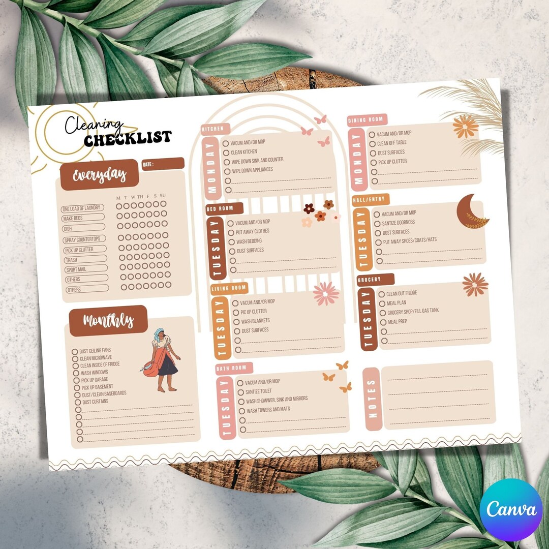 Cleaning Schedule Template, Editable Boho Cleaning Schedule, Modern ...