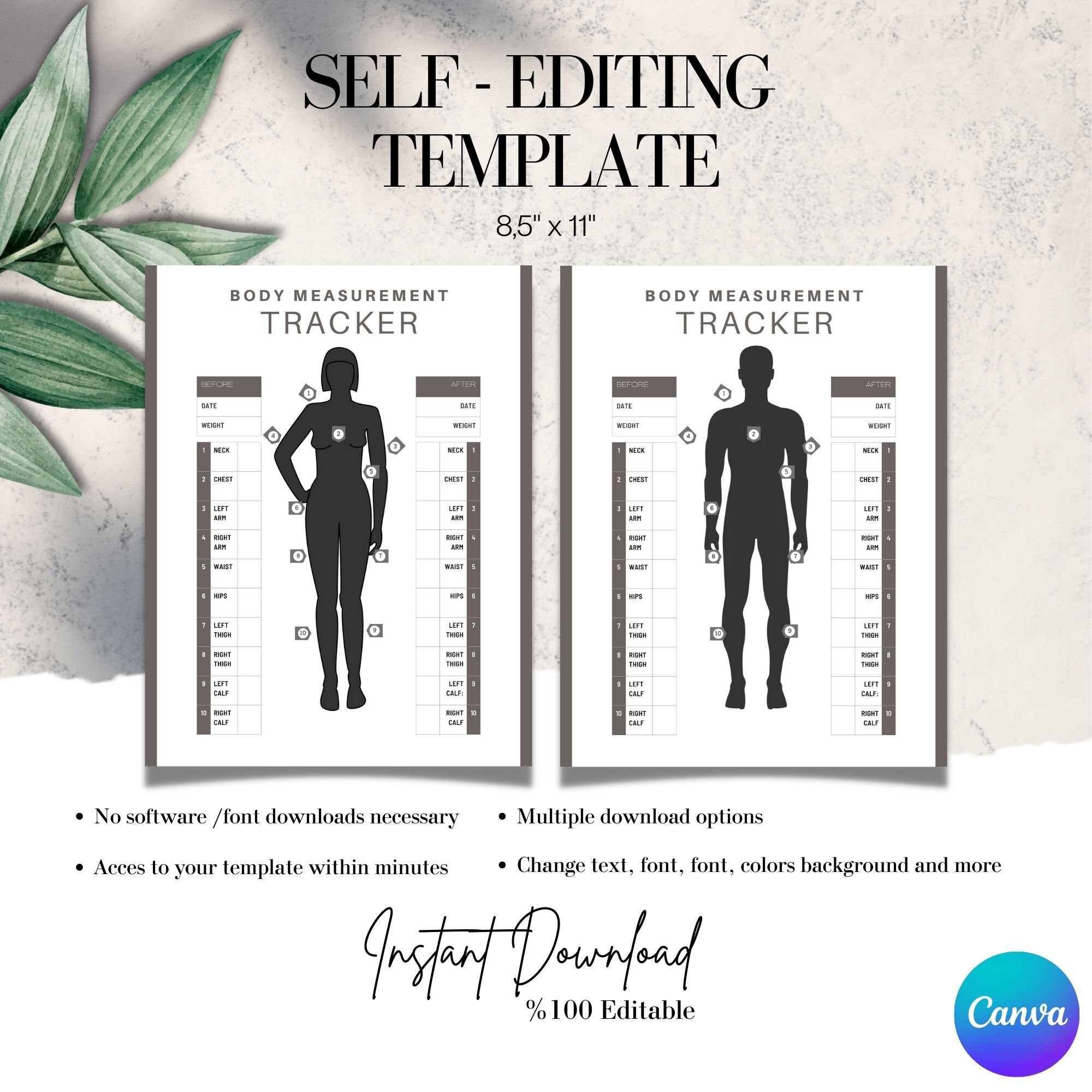 Body Measurement Tracker Template, Editable Body Measurement, Body ...