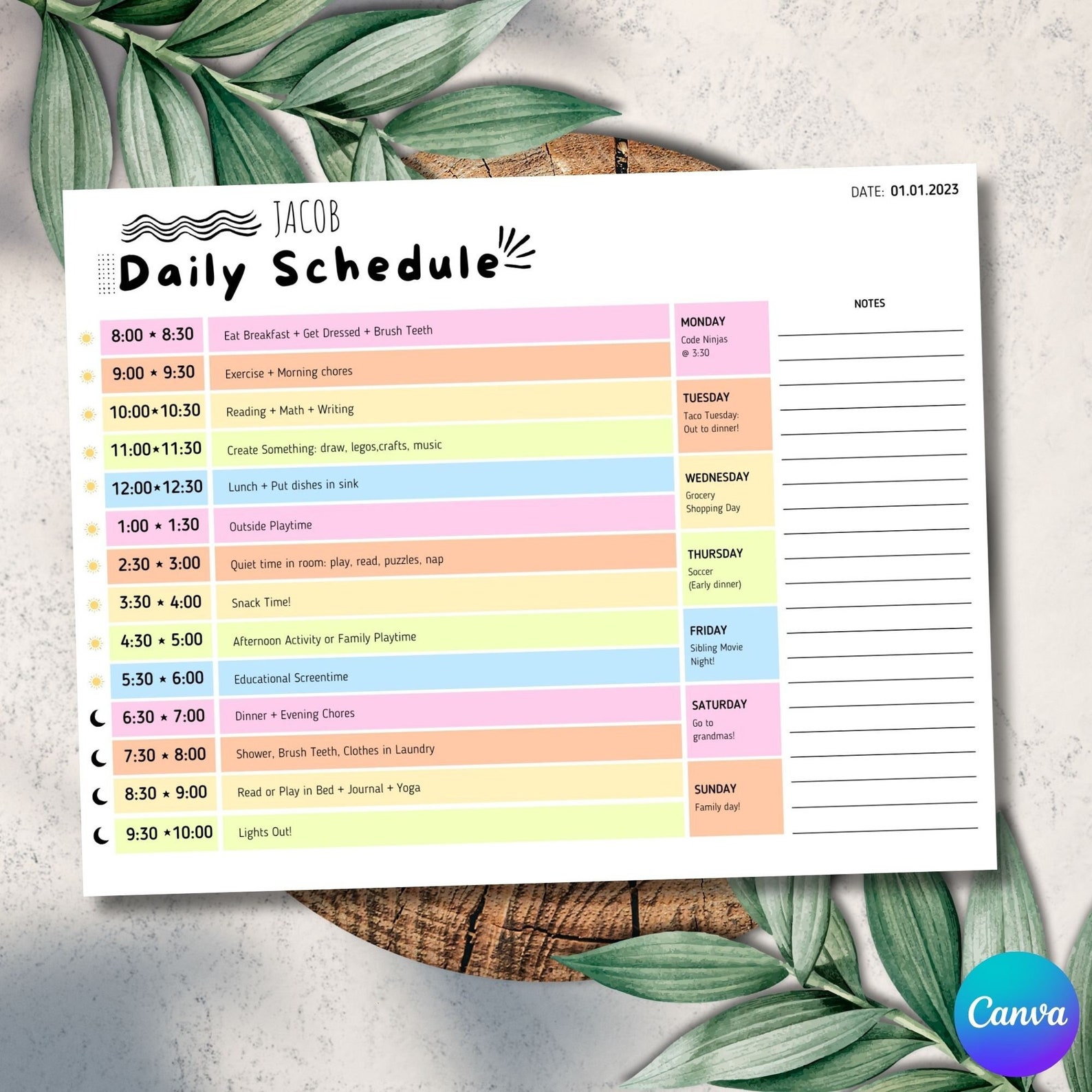 Editable Horizontal Daily Schedule Template, Daily Routine, Kids ...